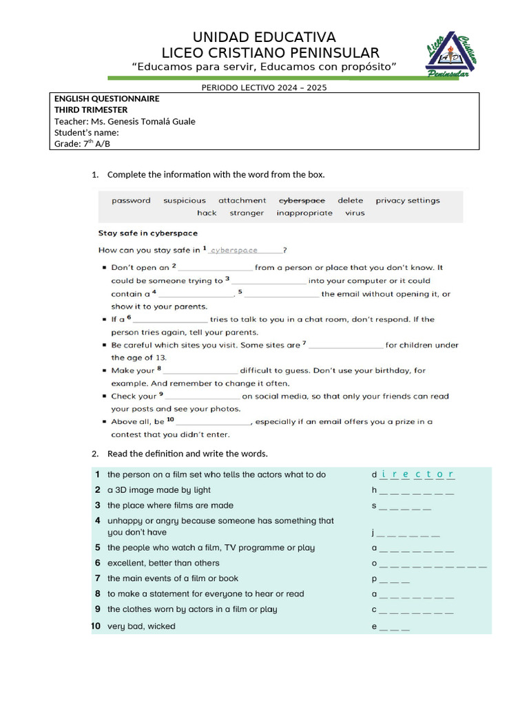 7th Grade English Questionnaire 2024-2025 | PDF
