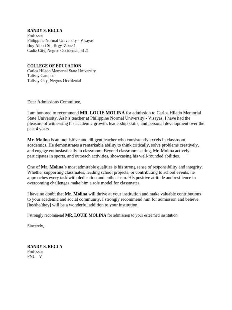 Recommendation Letter For Admission | PDF
