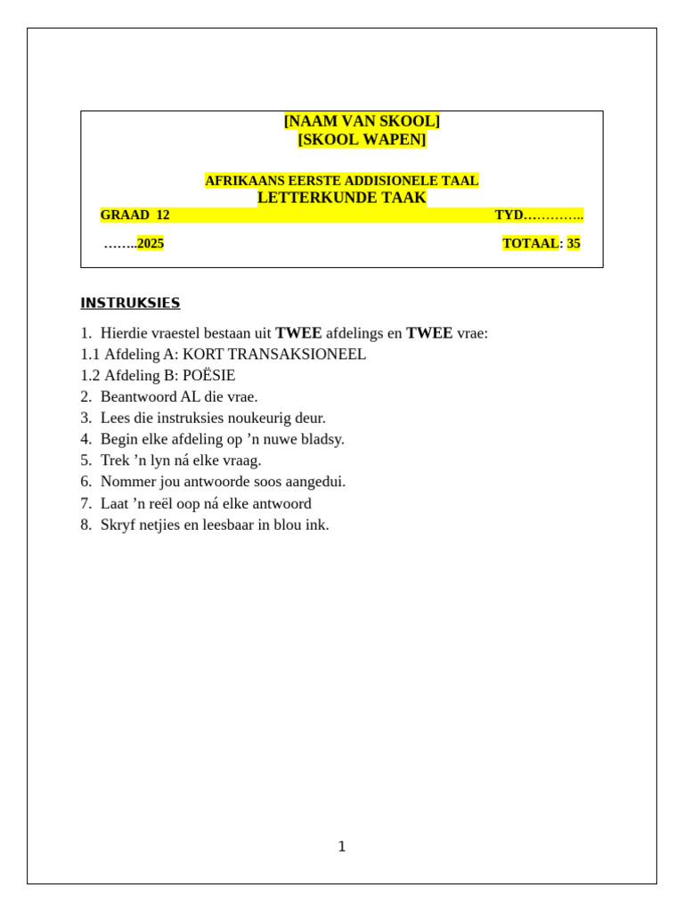 GR 12 Letterkunde Taak 2 | PDF