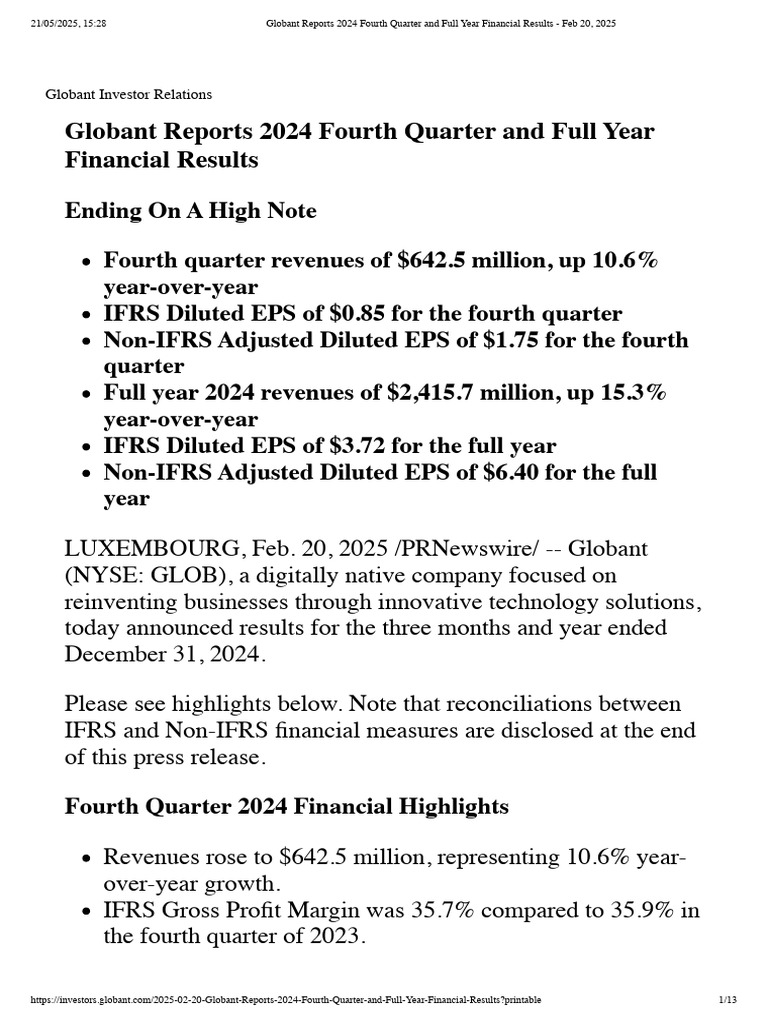 Globant Reports 2024 Fourth Quarter and Full Year Financial Results ...