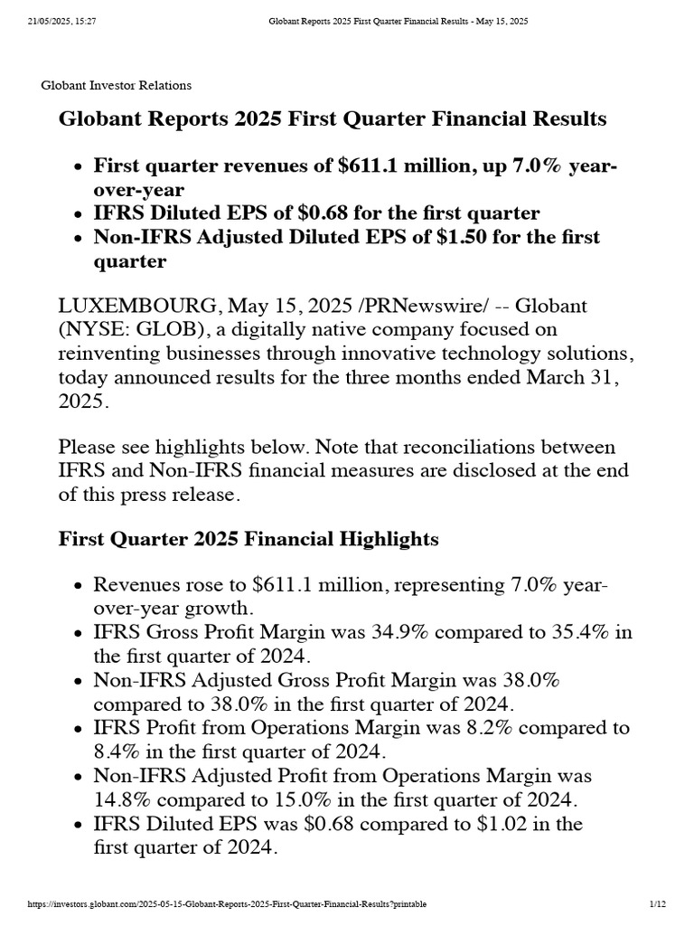Globant Reports 2025 First Quarter Financial Results - May 15, 2025 ...