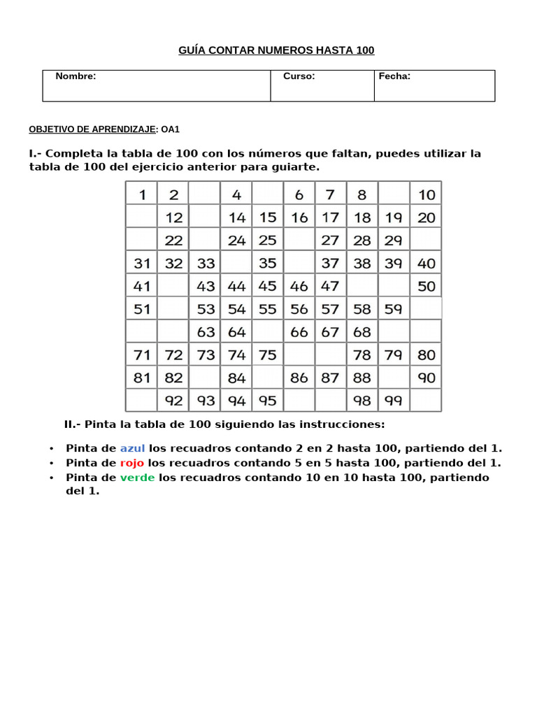 Guía de Conteo 1-100 | PDF