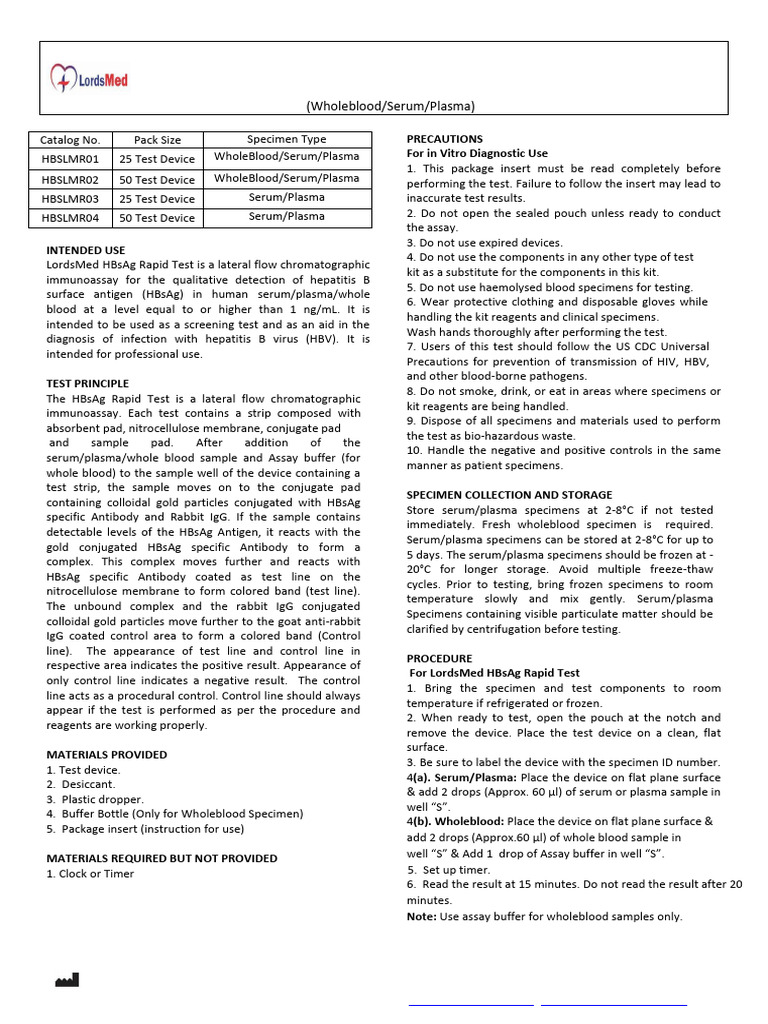 LordsMed HBsAg Rapid Test IFU WB S P | PDF | Blood Plasma | Hepatitis B