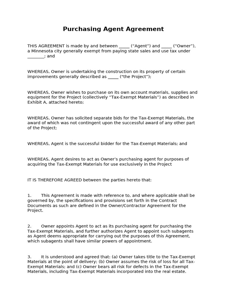 Purchasing Agent Agreement | PDF | Tax Exemption | Taxes