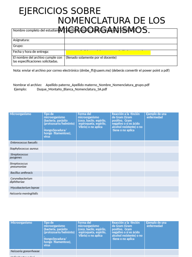 Ejercicios Nomenclatura Microorganismos - 3A 2023 | PDF | Las bacterias | Microscopía