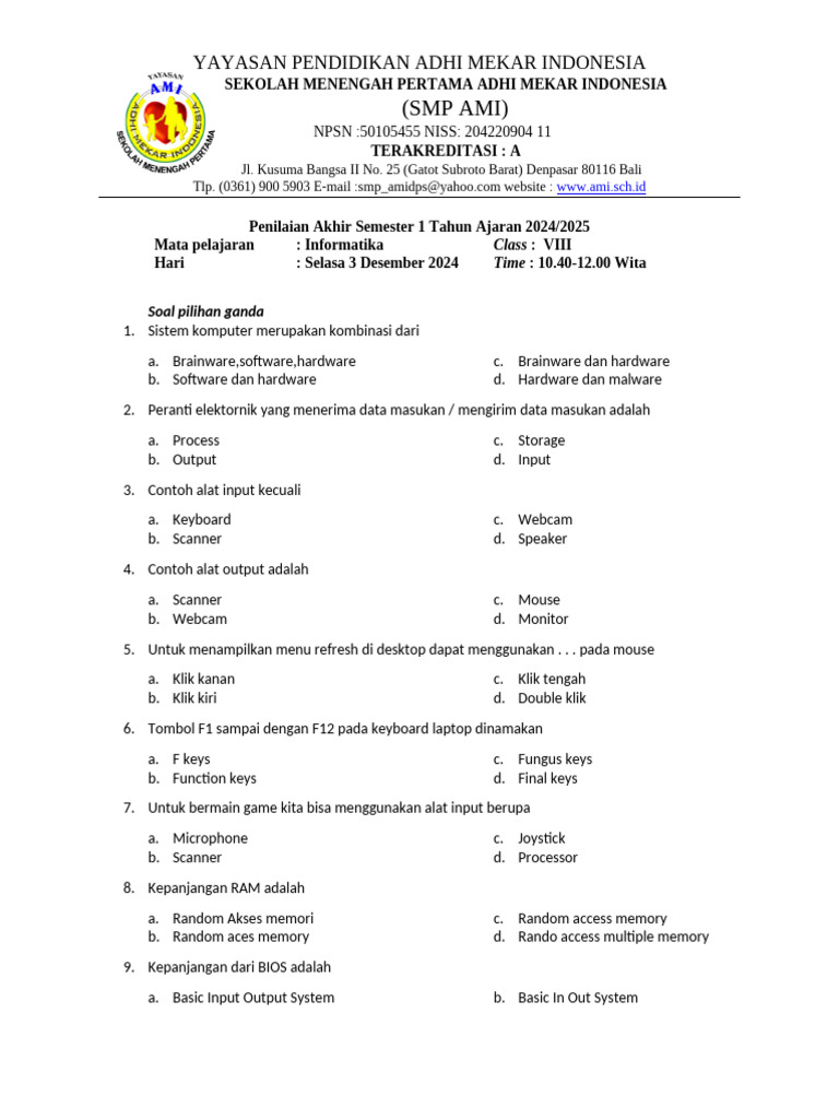 Soal Print Pas Komputer Kelas 8 SMT 1 24-25 | PDF