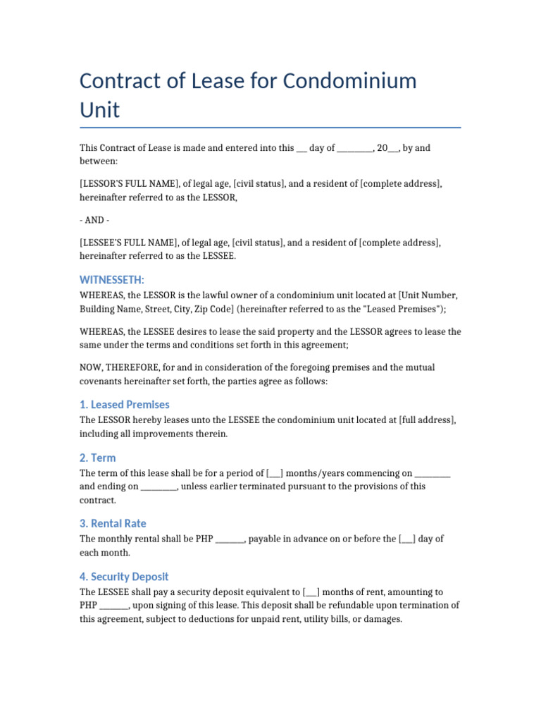 Contract of Lease Condominium | PDF | Lease | Civil Law (Legal System)