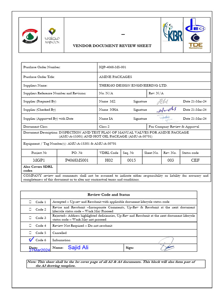 Amine Package Valve Inspection Plan | PDF | Specification (Technical ...