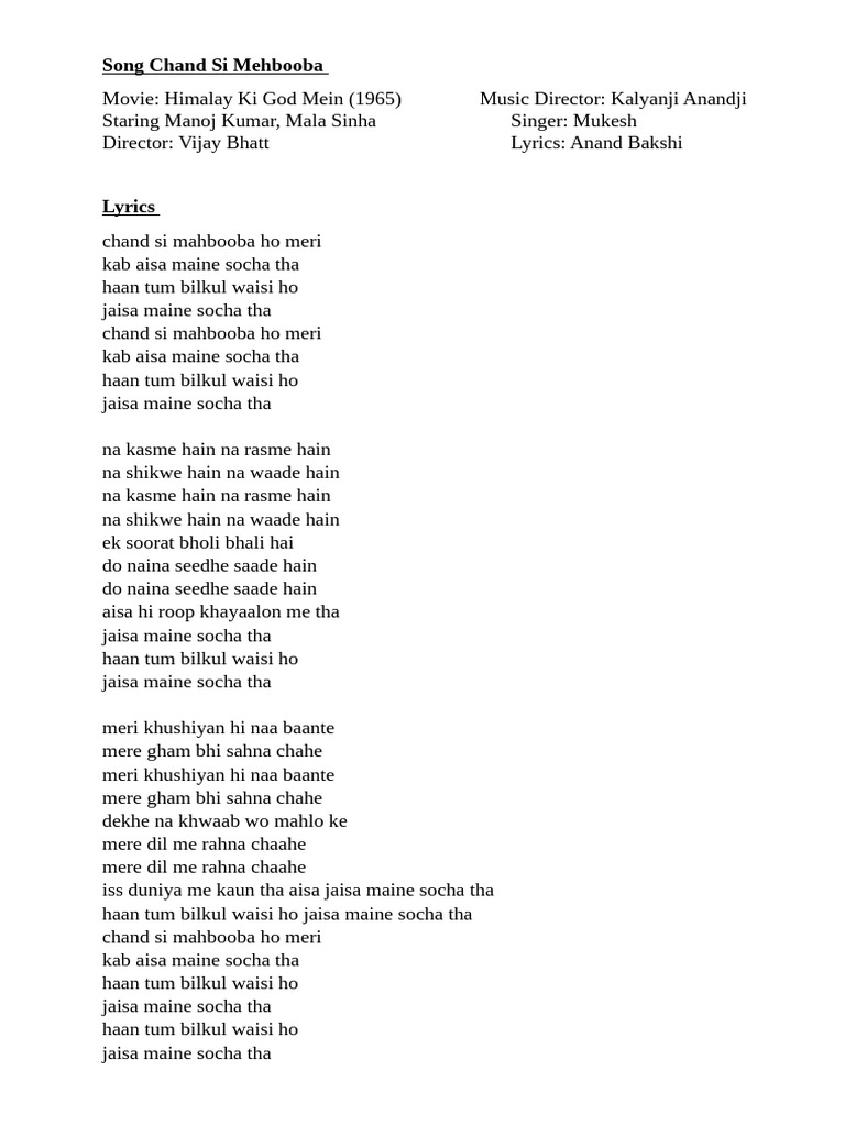 Chand Si Mehbooba Ho Meri - Mukesh | PDF