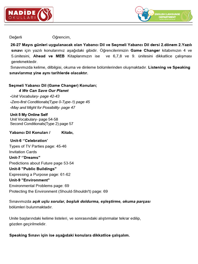 7.Sinif 2. Donem 2. Ingilizce Sinav Konulari | PDF