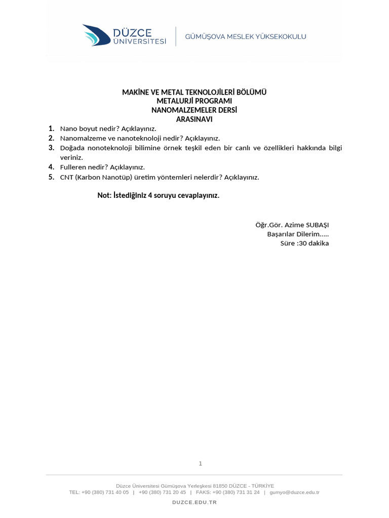 Nano Malzemeler Vize 2023 Uzaktan Antetli 2 | PDF