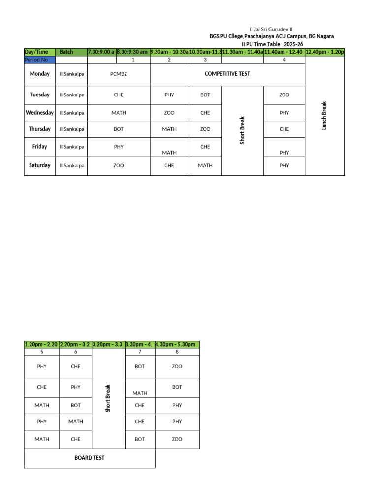 Time Table II PUC - Sankalpa | PDF