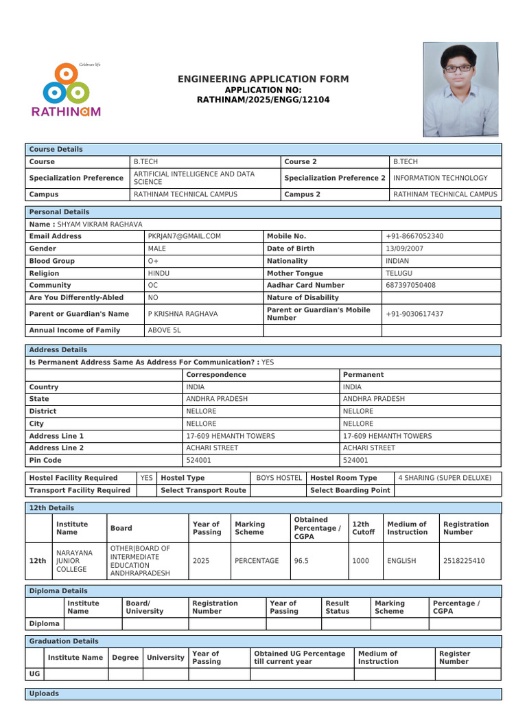Application Form RATHINAM 2025 ENGG 12104 | PDF | Tuition Payments