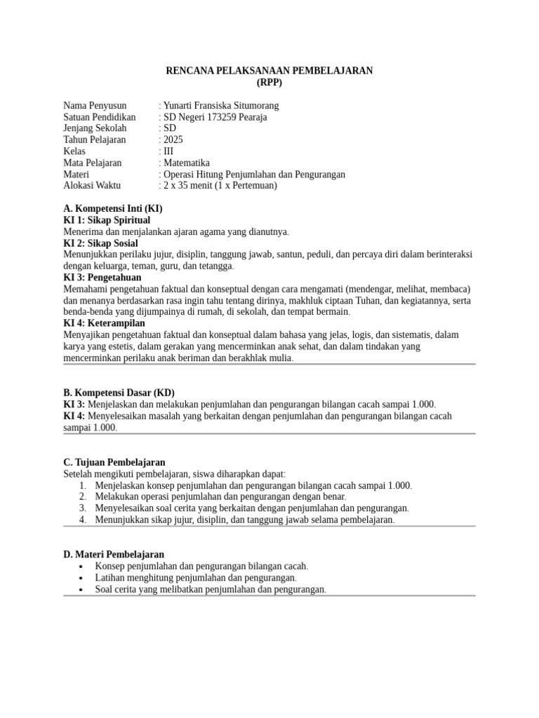 RPP Operasi Hitung Penjumlahan Dan Pengurangan | PDF