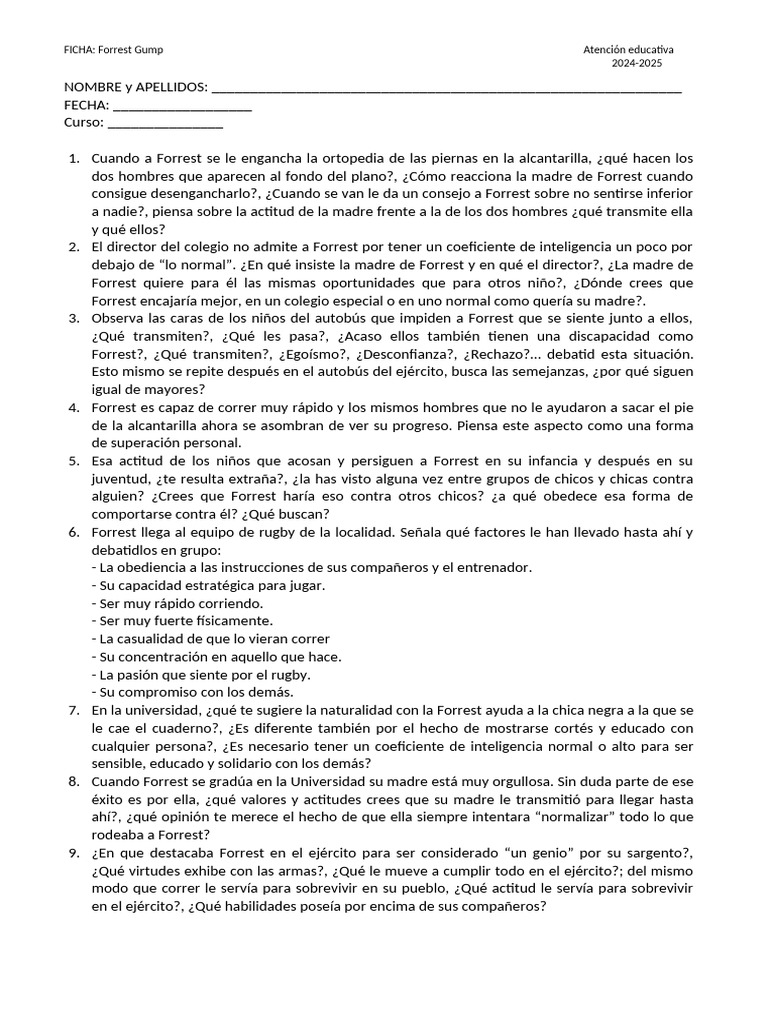 Actividad 3. Ficha Pelicula Forest Gump - APOCLAM - REVISARLO | PDF
