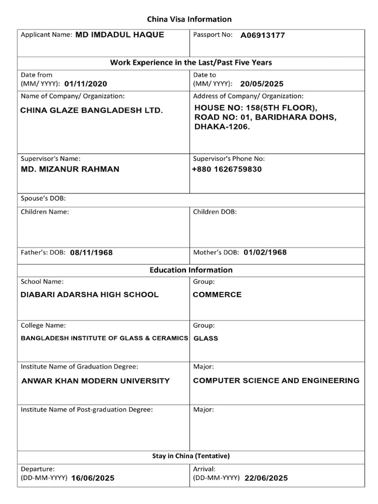 China Visa Information MD IMDADUL HAQUE 00214 | PDF