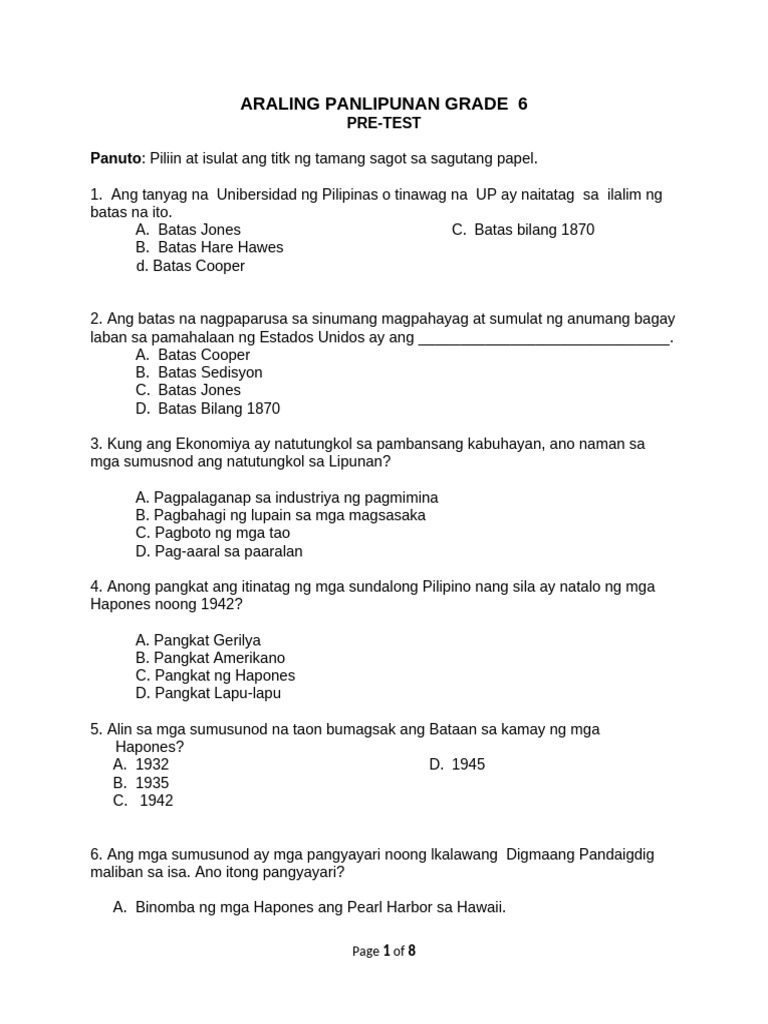 AP 6-Pre-Test | PDF
