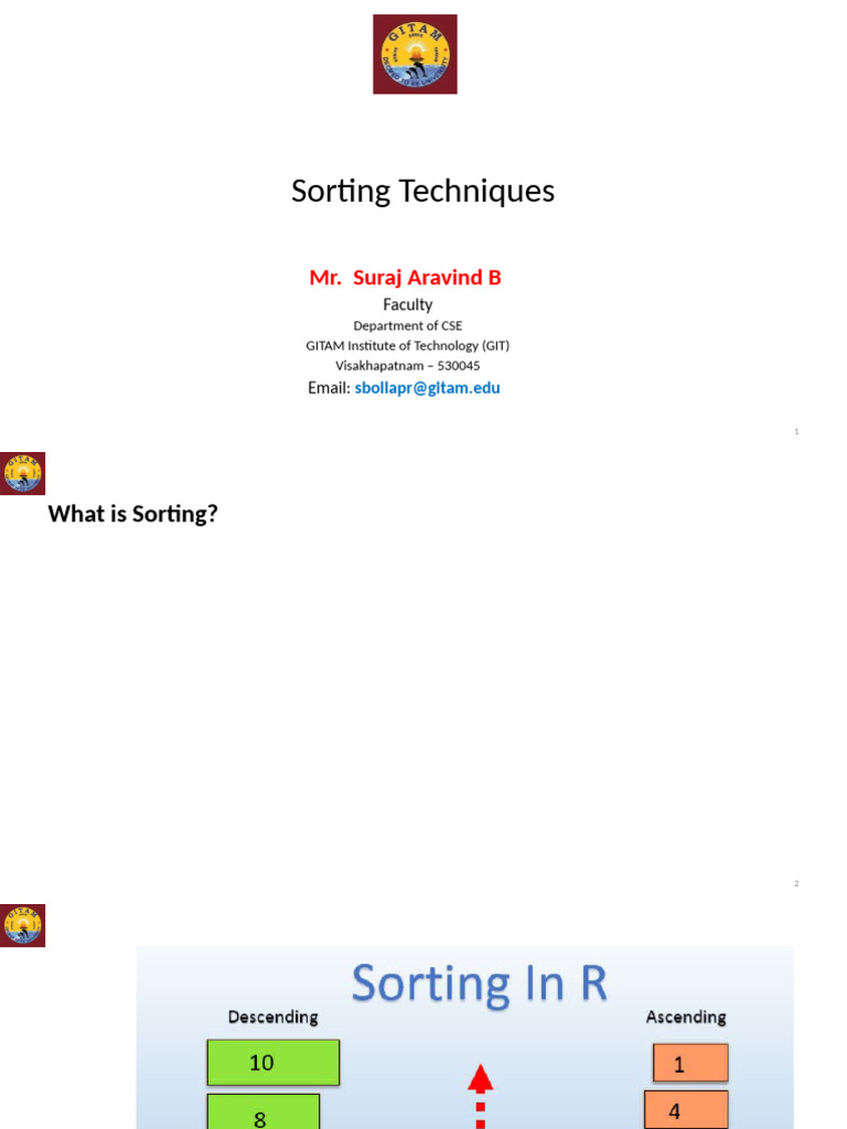 Sorting Techniques Suraj Aravind B 25 Nov 2020 | PDF | Applied Mathematics | Theoretical ...