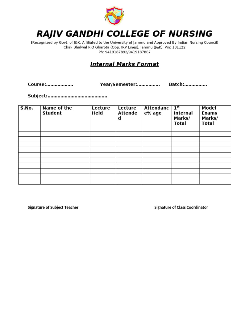 Internal Marks Format for Nursing Students | PDF