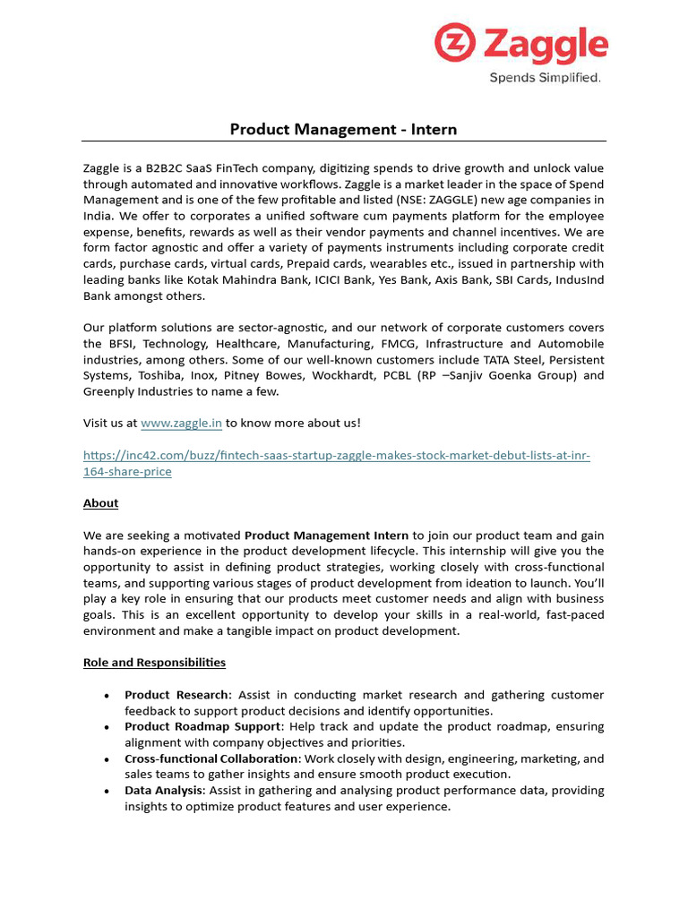 JD Product Management Intern Zaggle | PDF | Agile Software Development | Business