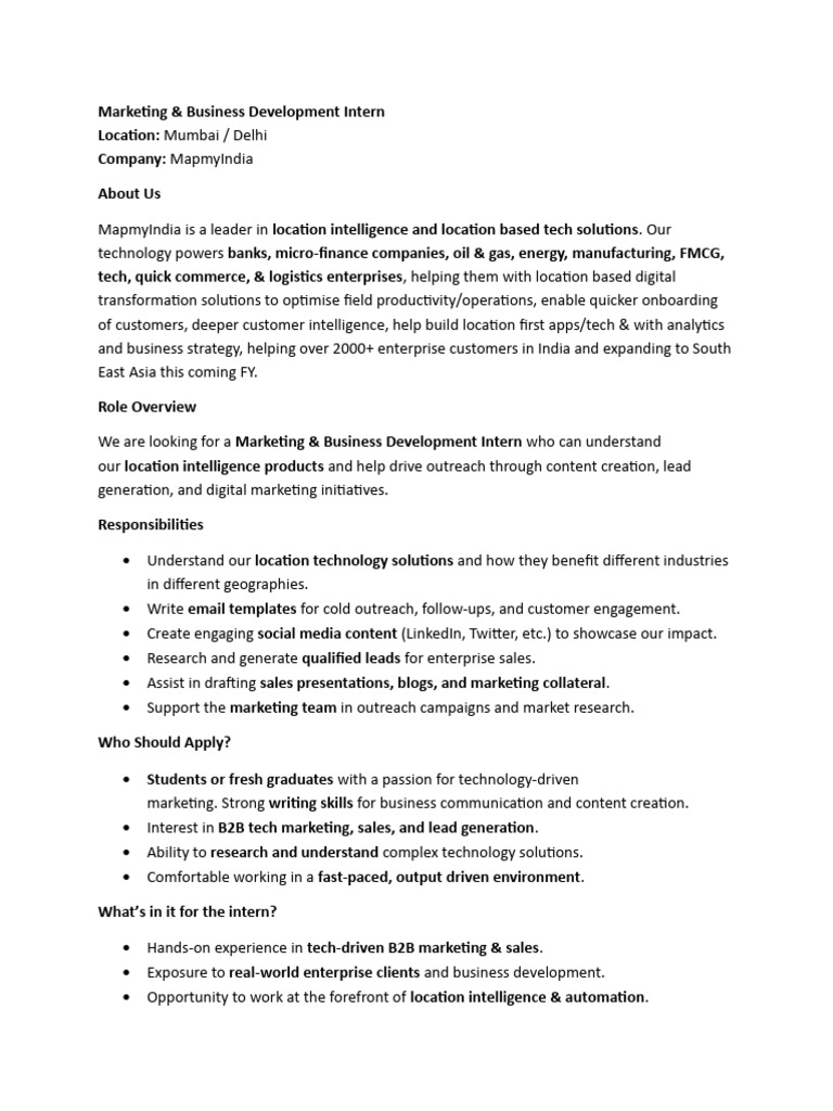JD - Marketing & Business Development Intern - MapmyIndia | PDF