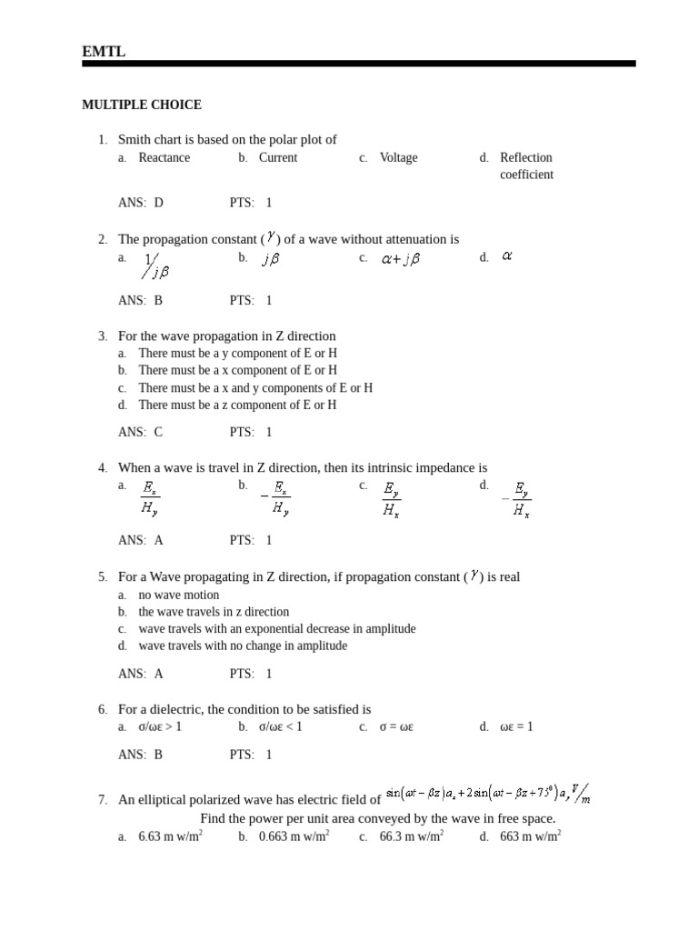 EMTL Quiz 2 Bits | PDF | Waves | Electronics
