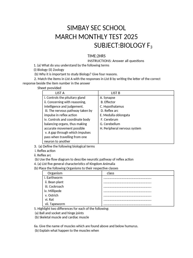 Biology Monthly Test March 2025 | PDF | Muscle | Neuroscience