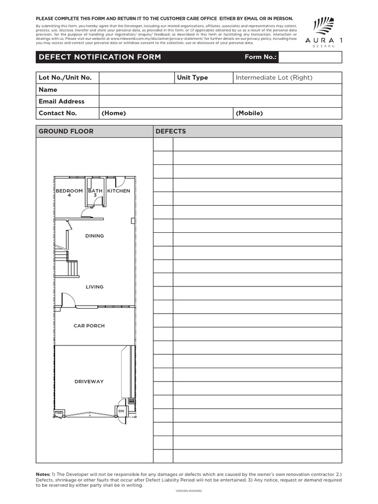 Defect Notification Form: Lot No./Unit No. Unit Type Name Email Address Contact No. (Home ...