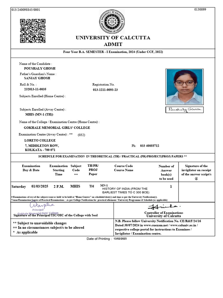 BA Sem I AdmitCard CCF 2024 With Signature | PDF