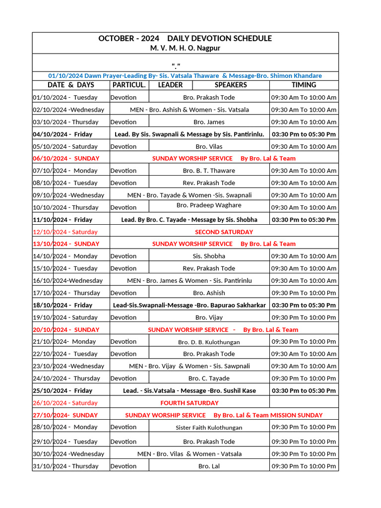 J - New Pattern of OCTOBER - 24 Devotion Chart - 01.10. 2024 | PDF ...