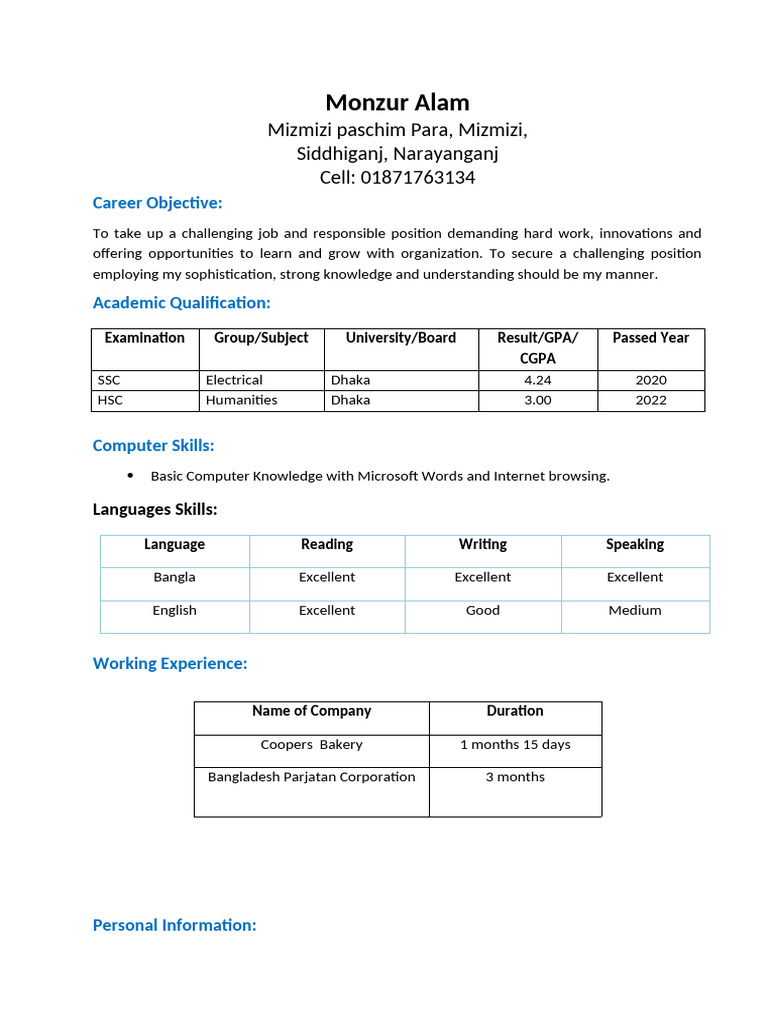 Monzur Alam CV | PDF