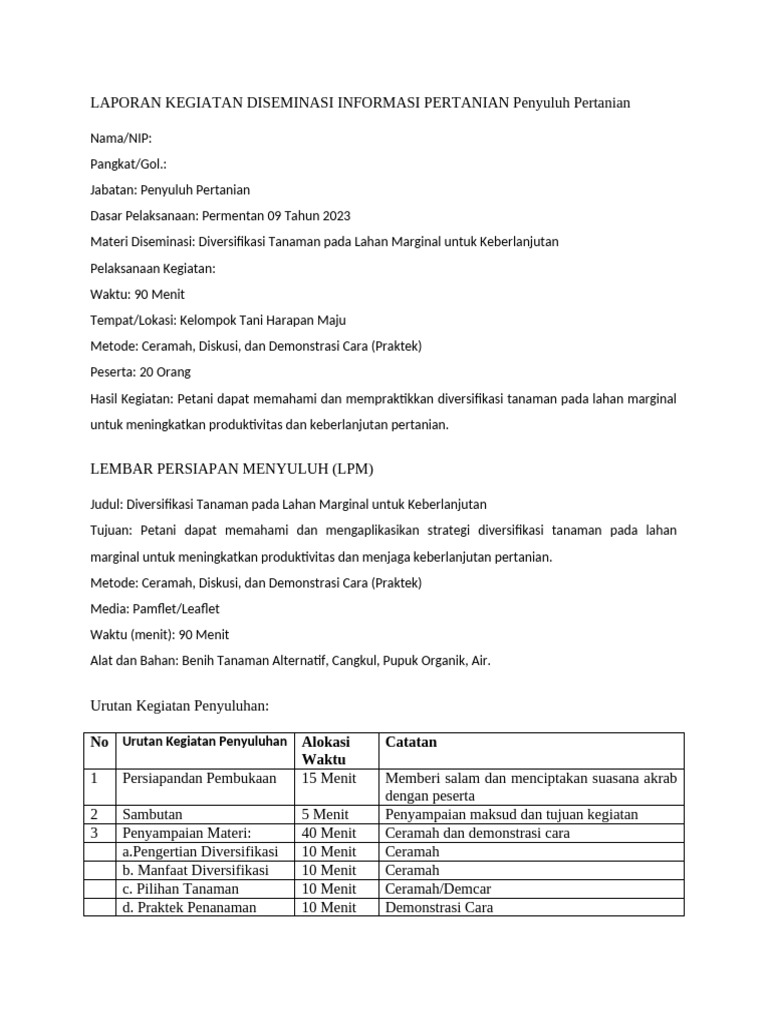 LAPORAN KEGIATAN DISEMINASI INFORMASI PERTANIAN Penyuluh Pertanian | PDF