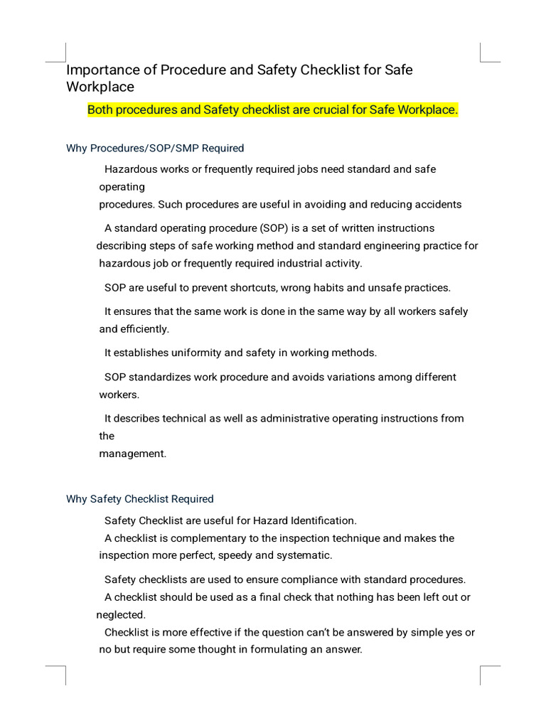 Importance of Safety Checklist For Safe Work Place | PDF
