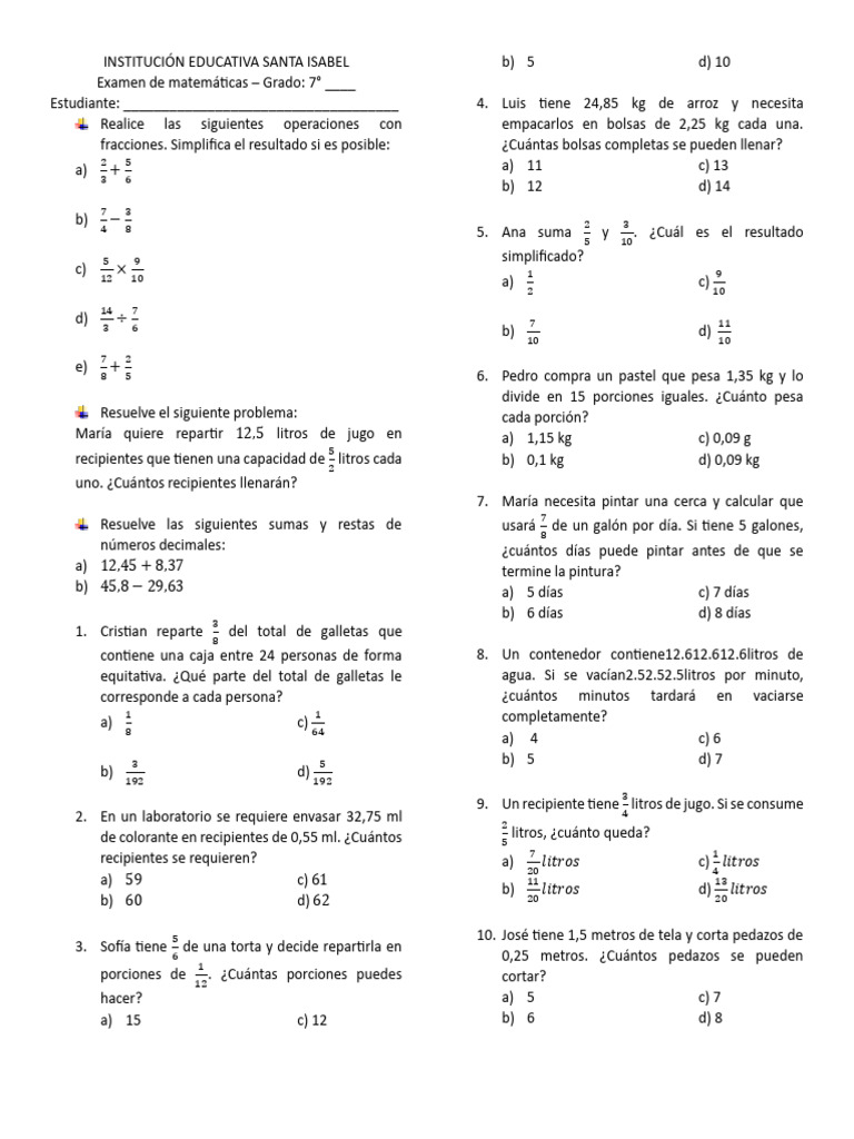 Examen de matemáticas 7°: Fracciones y decimales | PDF | Matemáticas