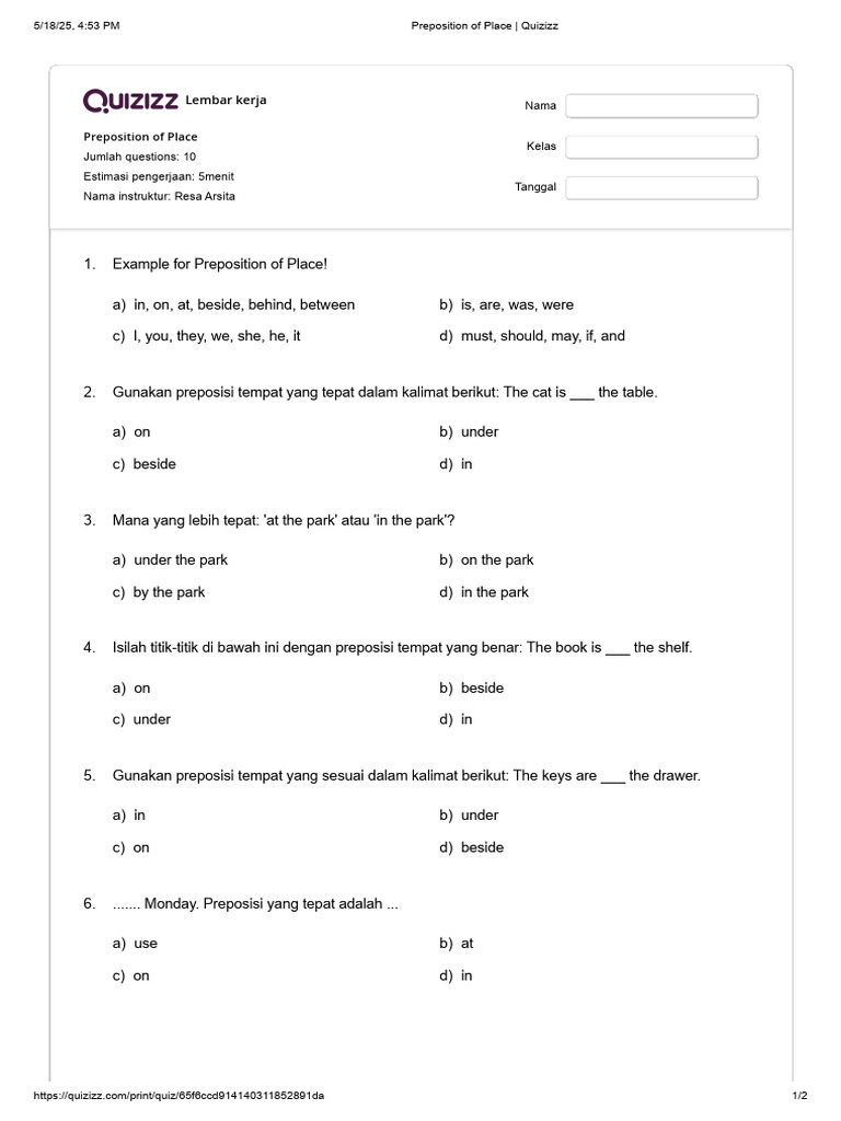 Preposition of Place - Quizizz 7 Text | PDF
