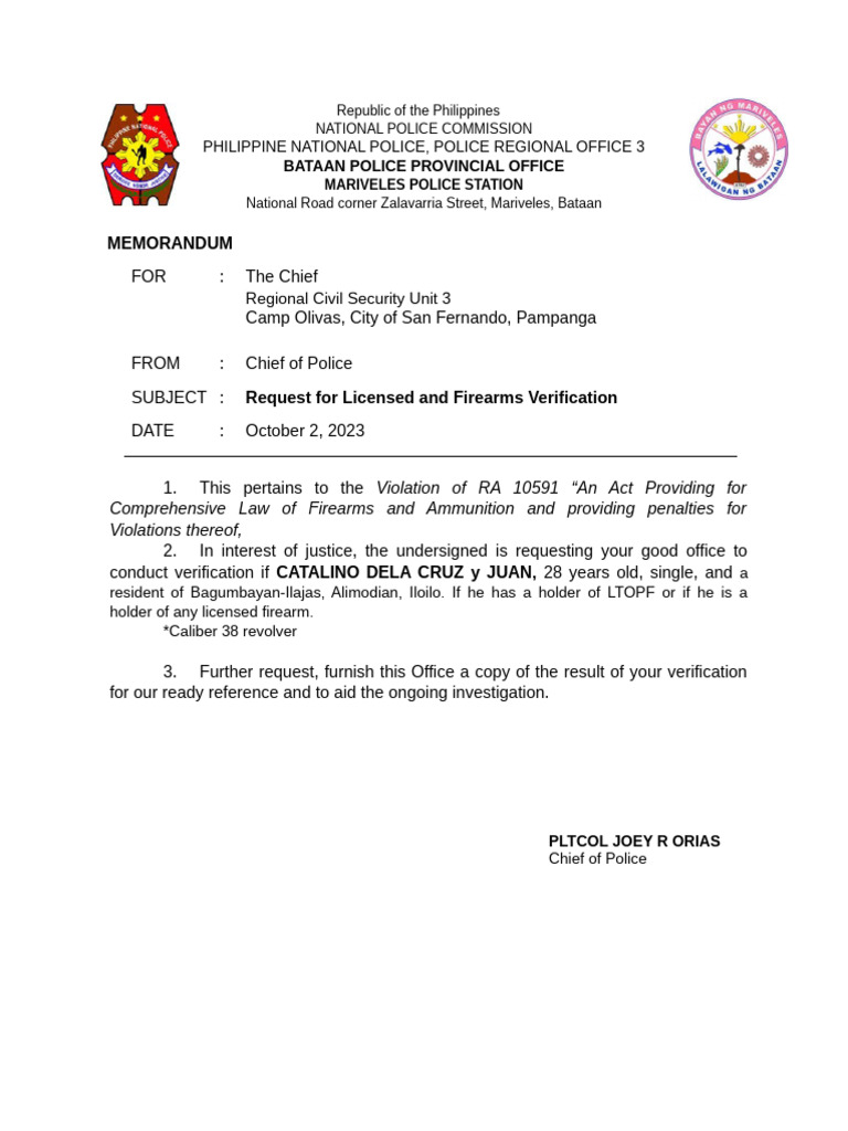Firearms Verification Request Memorandum | PDF