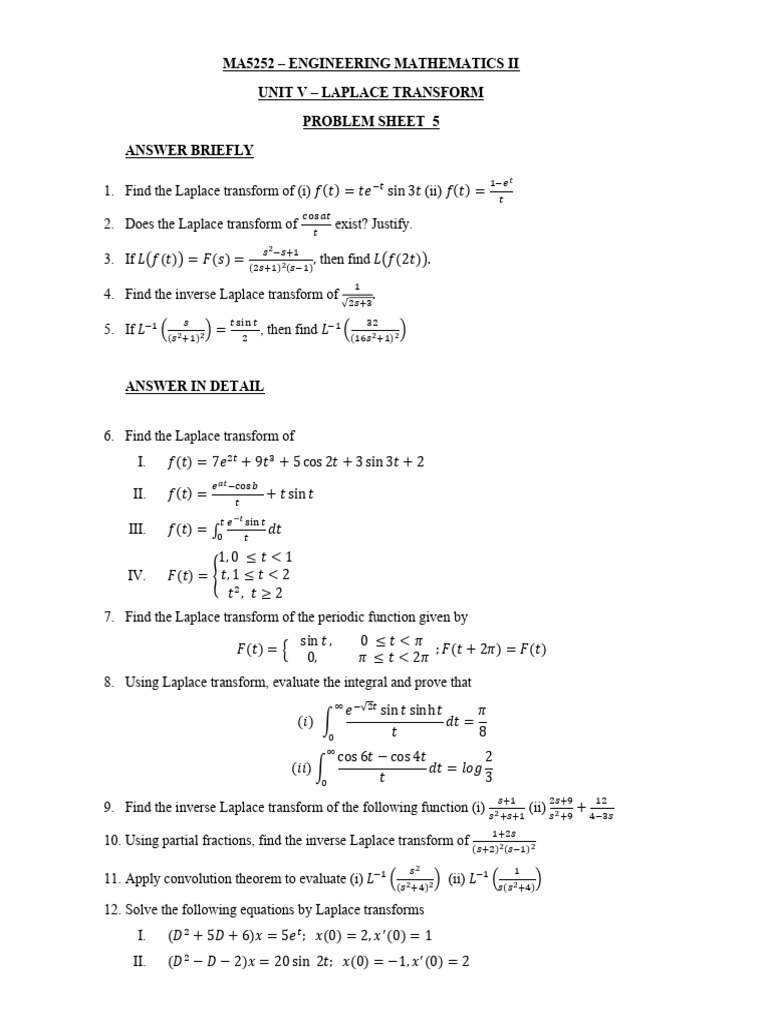 Laplace Transform Problem Sheet | PDF