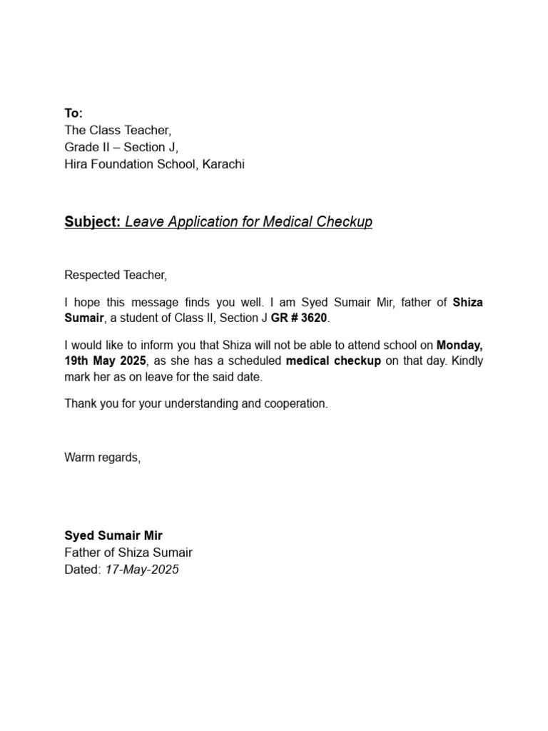Leave Application For Medical Checkup | PDF