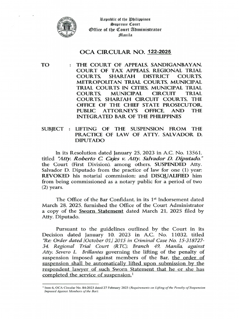 OCA Circular No. 122-2025 | PDF | Legal Procedure | Government