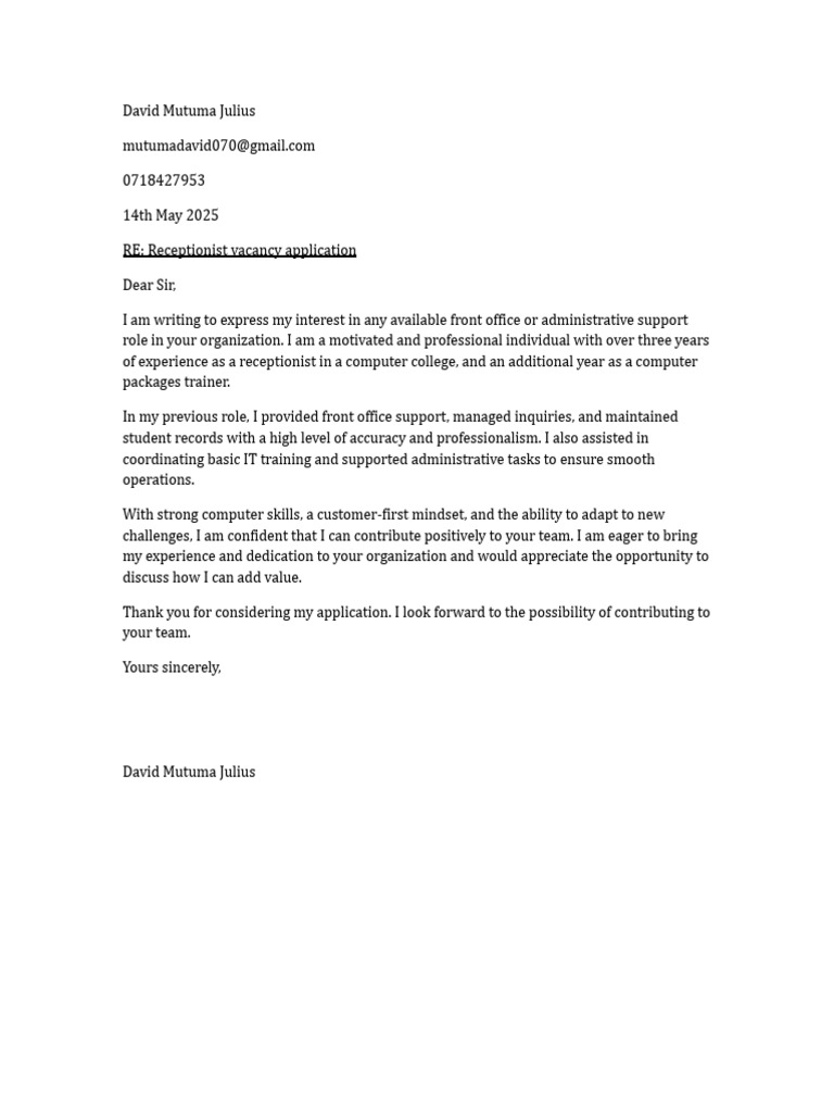 Application for Receptionist Position | PDF