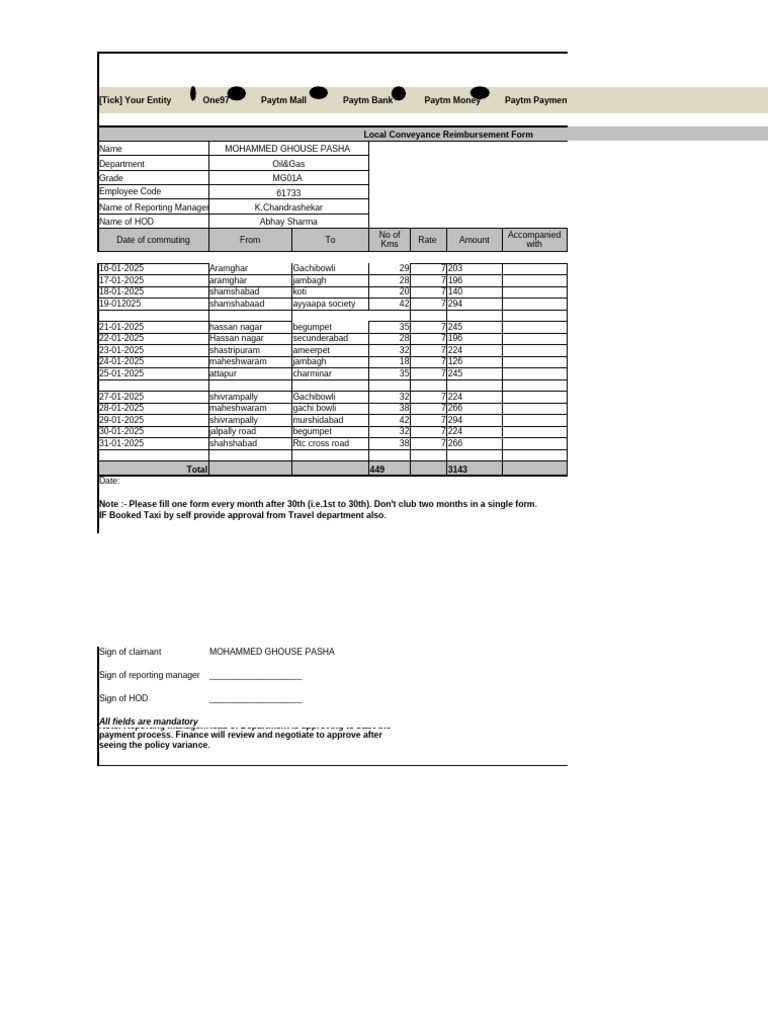 Paytm Bank Local Conveyance Form | PDF