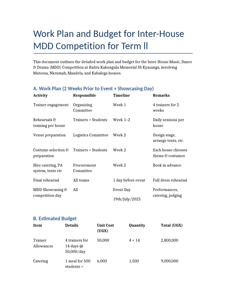 Inter House MDD Competition WorkPlan and Budget | PDF