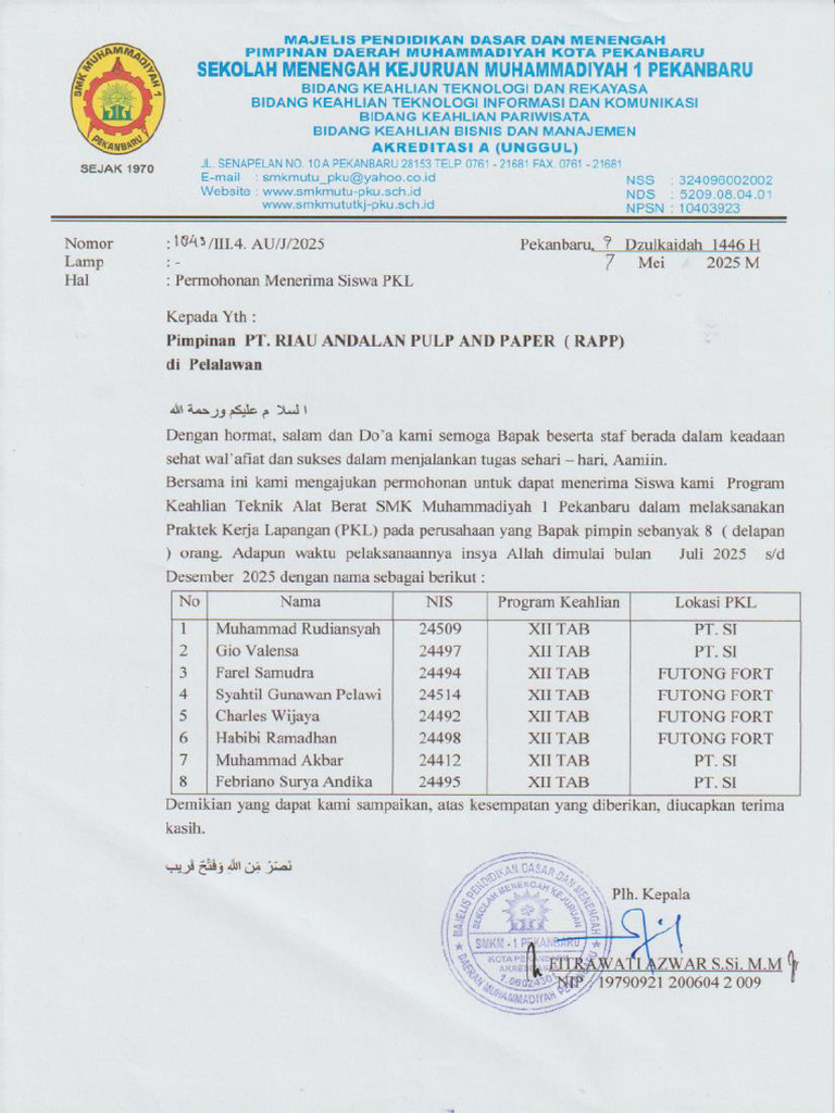 1843 - 2025 Permohonan Menerima Siswa PKL PT RAPP | PDF