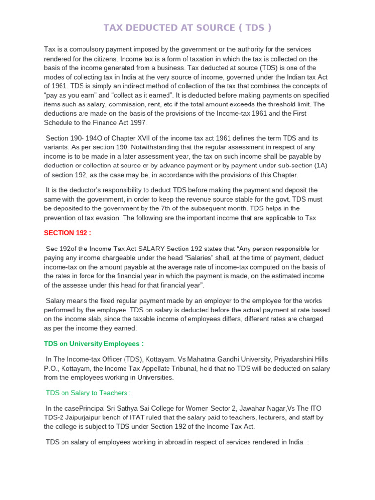 Tax Deducted at Source (TDS) : Section 192 | PDF | Payments | Income Tax