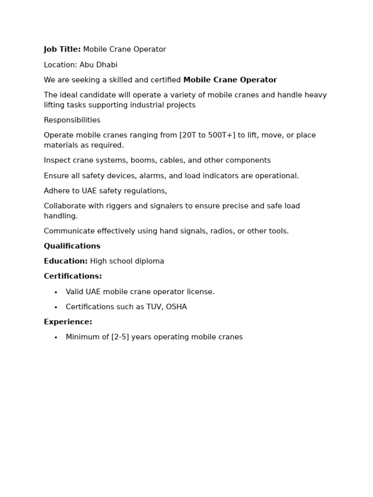 Mobile Crane Operator Position in Abu Dhabi | PDF