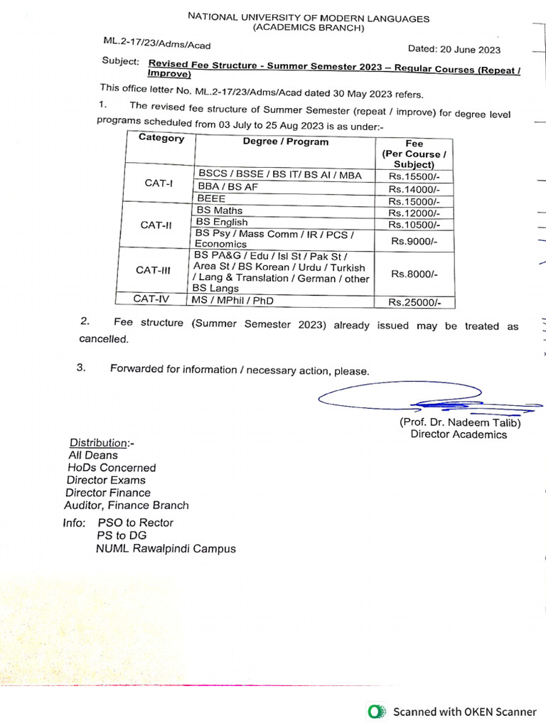 Revised Fee Structure For Summer Degree Programs | PDF