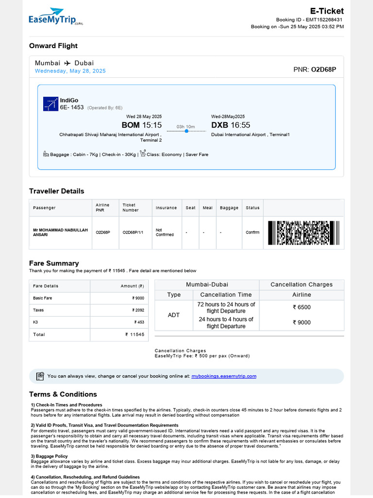 EaseMyTrip Flight E-Ticket For Flights | PDF | Travel Visa | Airlines