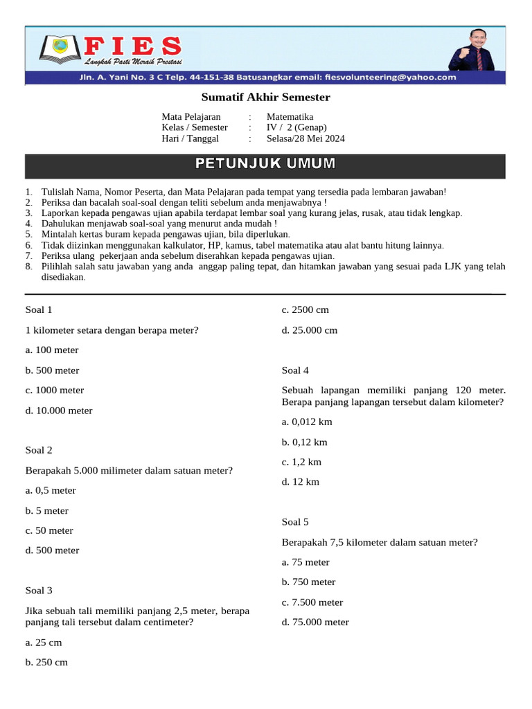 UAS GENAP MTK Kelas 4 | PDF