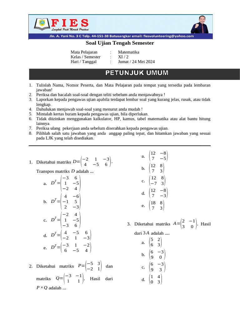SOAL MTK FIES KELAS 11 MAN | PDF