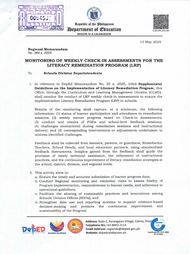 Clmd Rm 2025 364 Monitoring of Weekly Check in Assessments | PDF